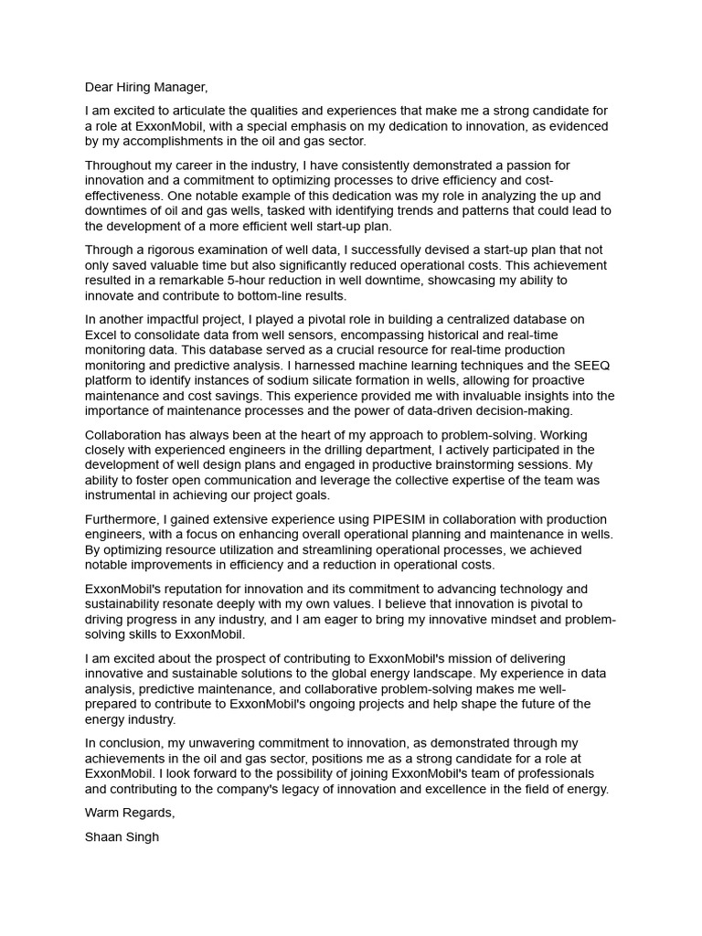 Cover Letter Exxon | PDF | Innovation | Data Science