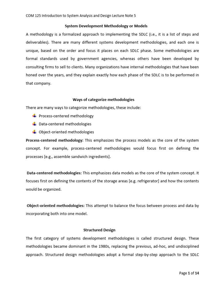 COM 125 Introduction To System Analysis and Design Lecture Note 5 | Download Free PDF | Software ...