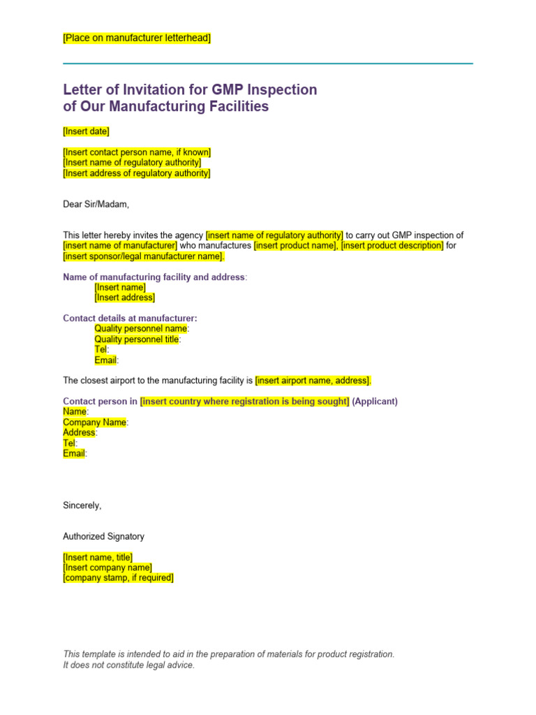 Letter of Invitation For Good Manufacturing Practice Inspection ...