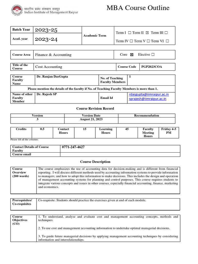 COA Course Outline | PDF | Management Accounting | Cognition