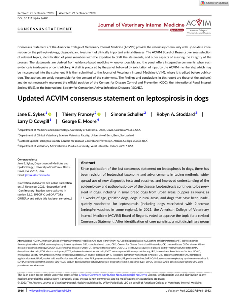 ACVIM Leptospirosis Consensus Update 2023 | PDF | Medical Specialties ...
