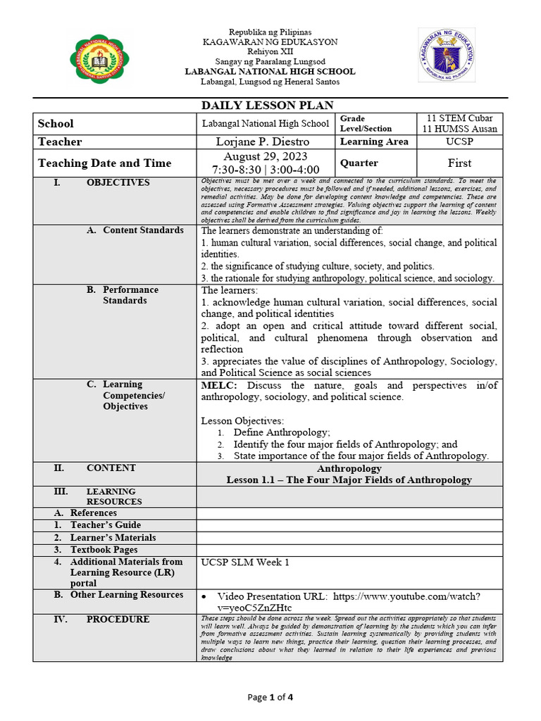 Daily Lesson Plan for UCSP: Anthropology | PDF | Learning | Anthropology