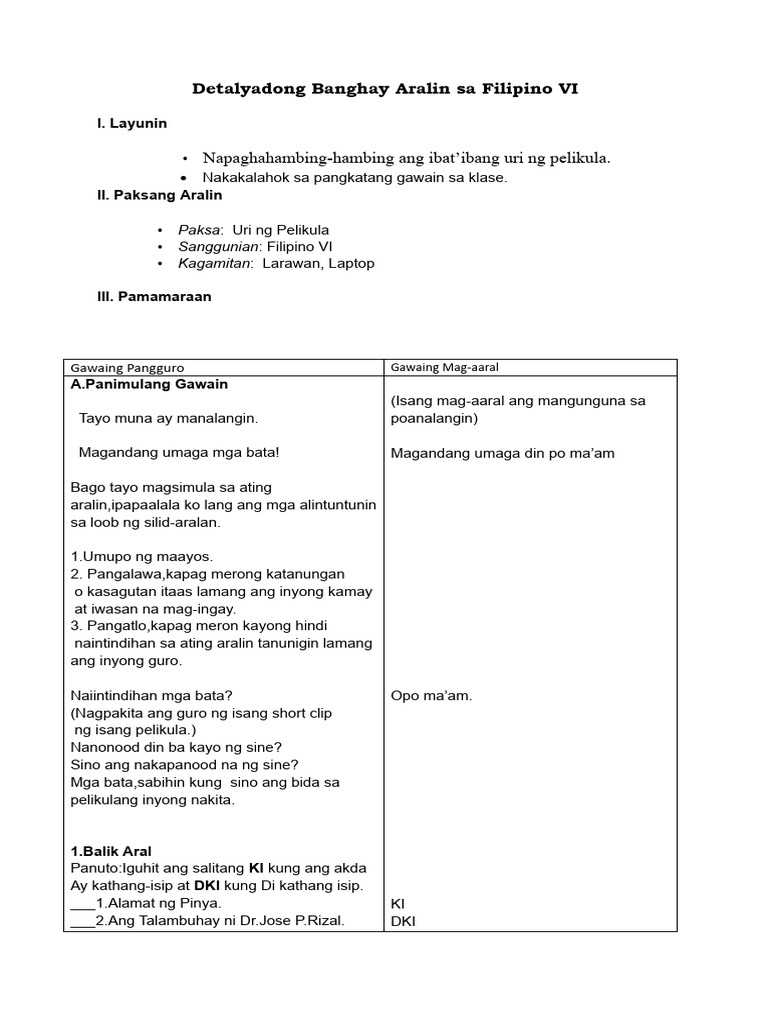 Detalyadong Banghay Aralin Sa Filipino VI June 6,2023 Mas Final | PDF