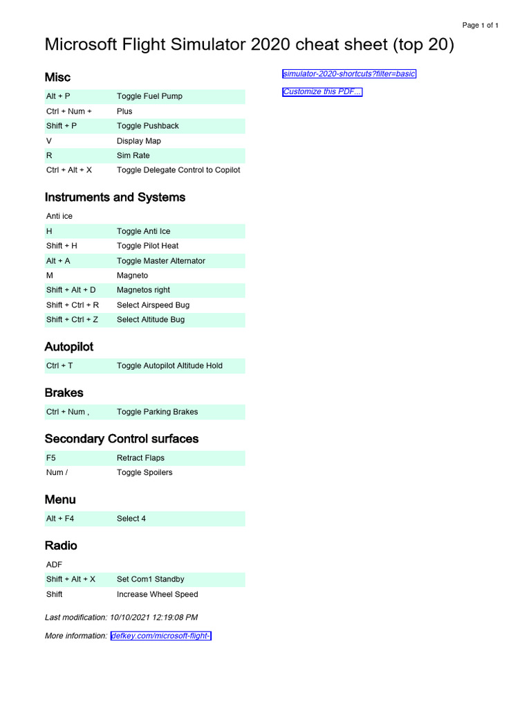 Microsoft Flight Simulator 2020 Shortcuts | PDF | Computers