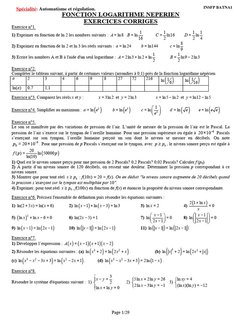 Exercices Corrigés sur le Logarithme Népérien | PDF | Fonction (Mathématiques) | Tangente ...