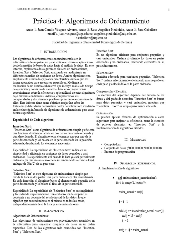 Informe - Algoritmos de Ordenamiento | PDF | Algoritmos | Algoritmos y Estructuras de Datos