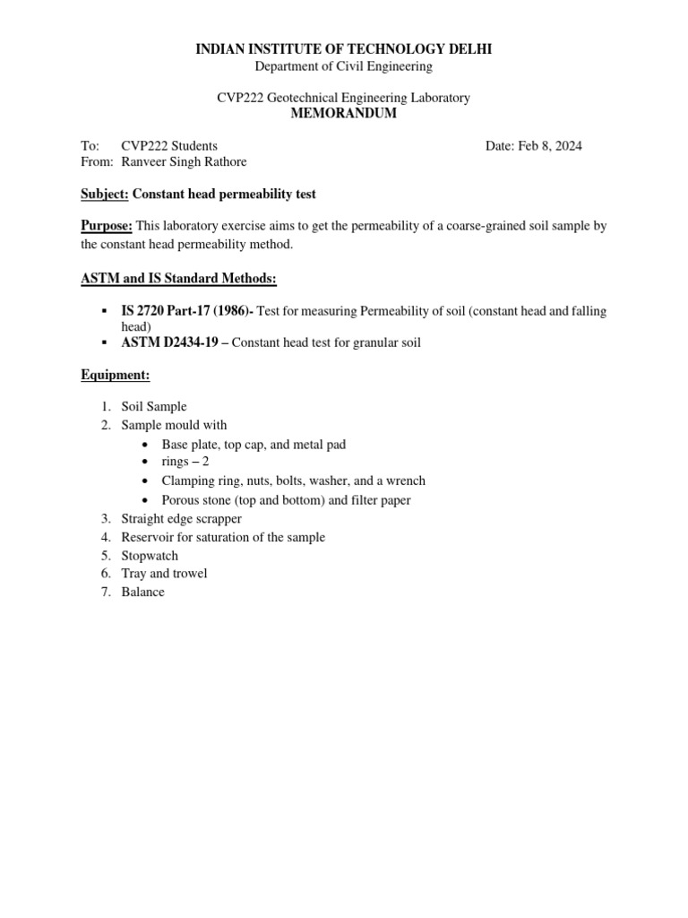 Memorandum - Constant Head Permeability Test | Download Free PDF ...
