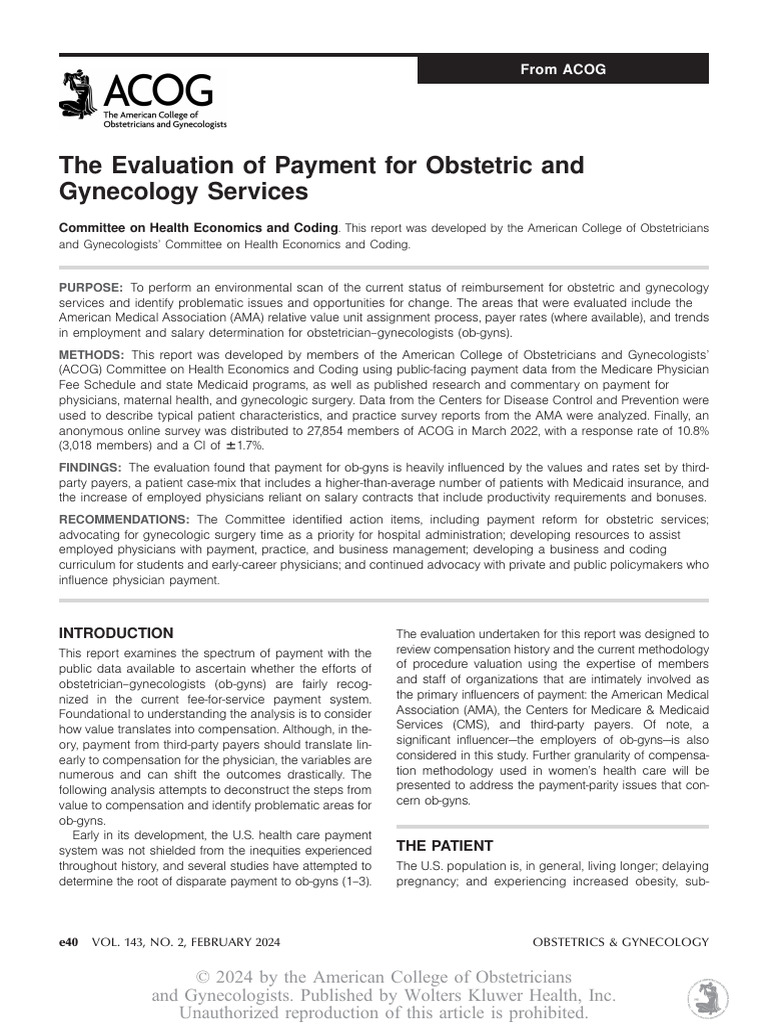 The Evaluation of Payment for Obstetric and Gynecology Services_From ACOG | PDF | Obstetrics And ...