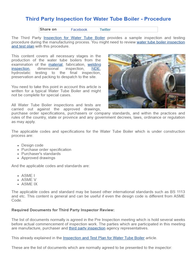 Third Party Inspection for Water Tube Boiler - Procedure | PDF | Pipe ...