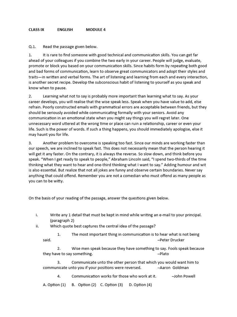 Class Ix English Module 4 Pdf Communication Learning