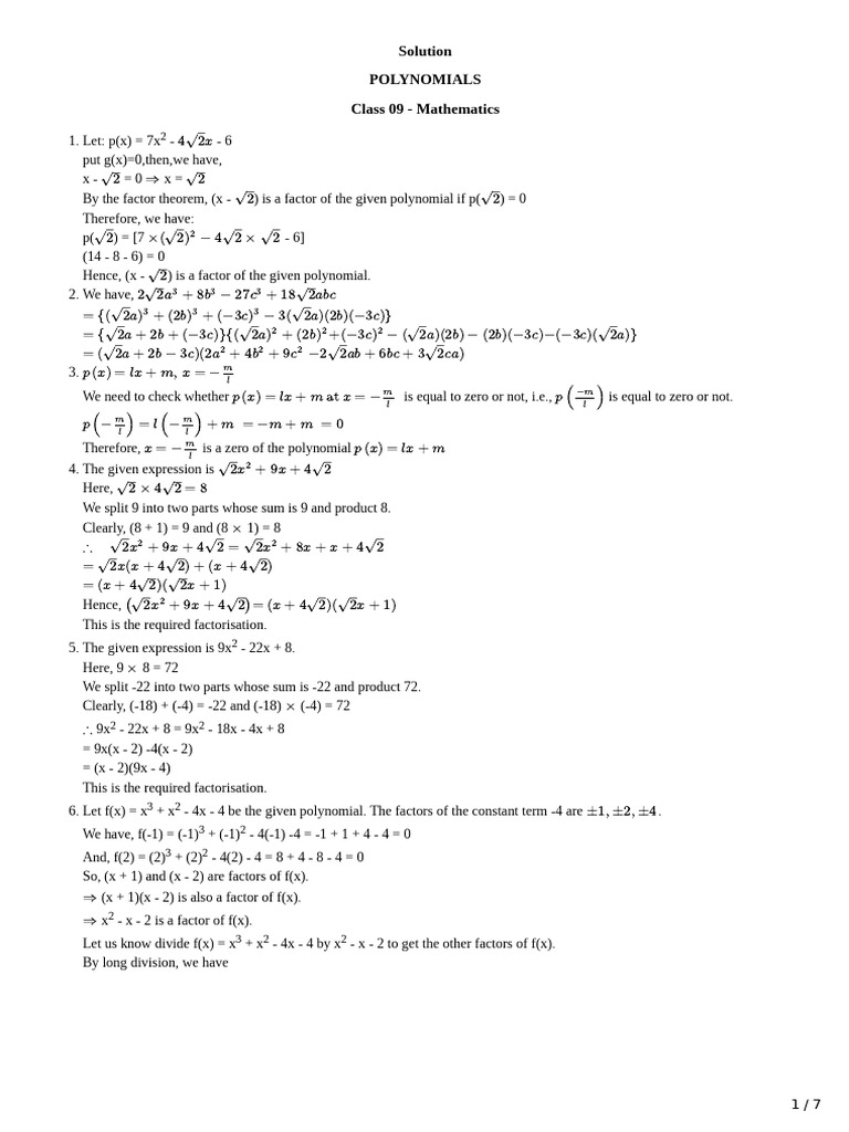 POLYNOMIALS 9 CBSE SOLUTION | PDF | Factorization | Mathematical Objects