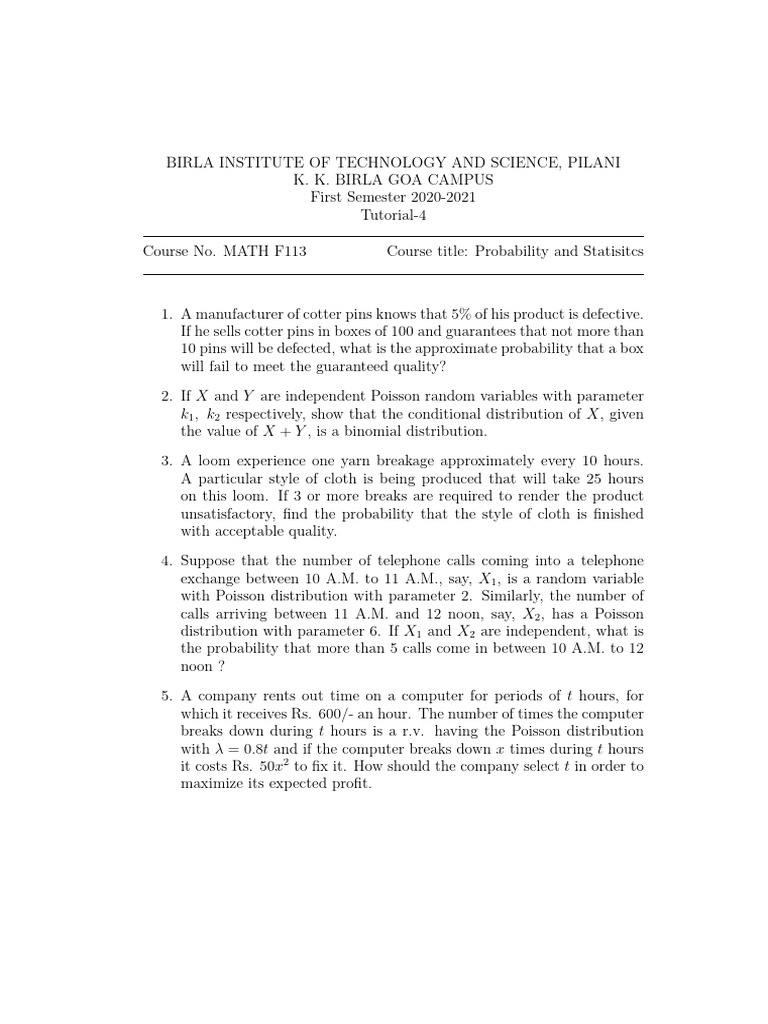 tutorial-4 | PDF | Poisson Distribution | Teaching Mathematics