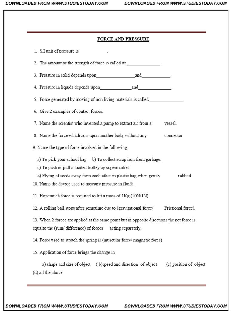 Worksheet - Force and Pressure | PDF