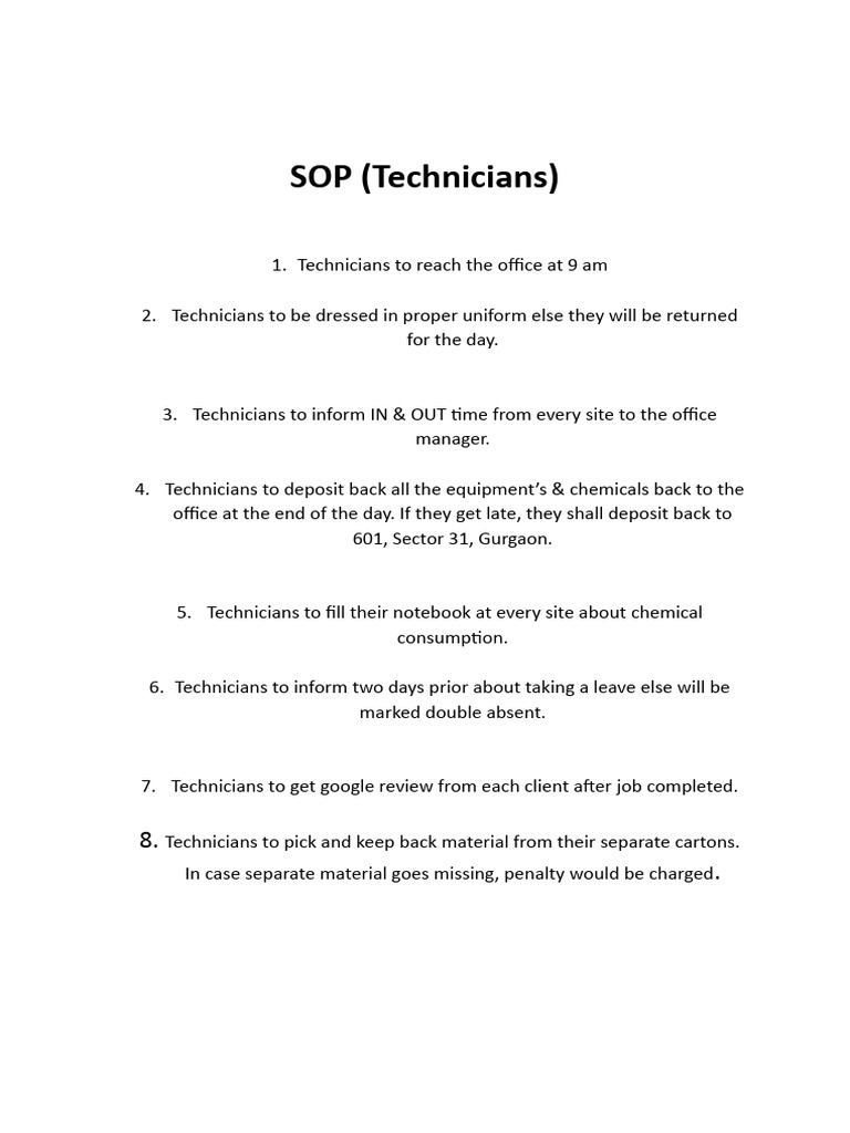 SOP (Technicians) | PDF