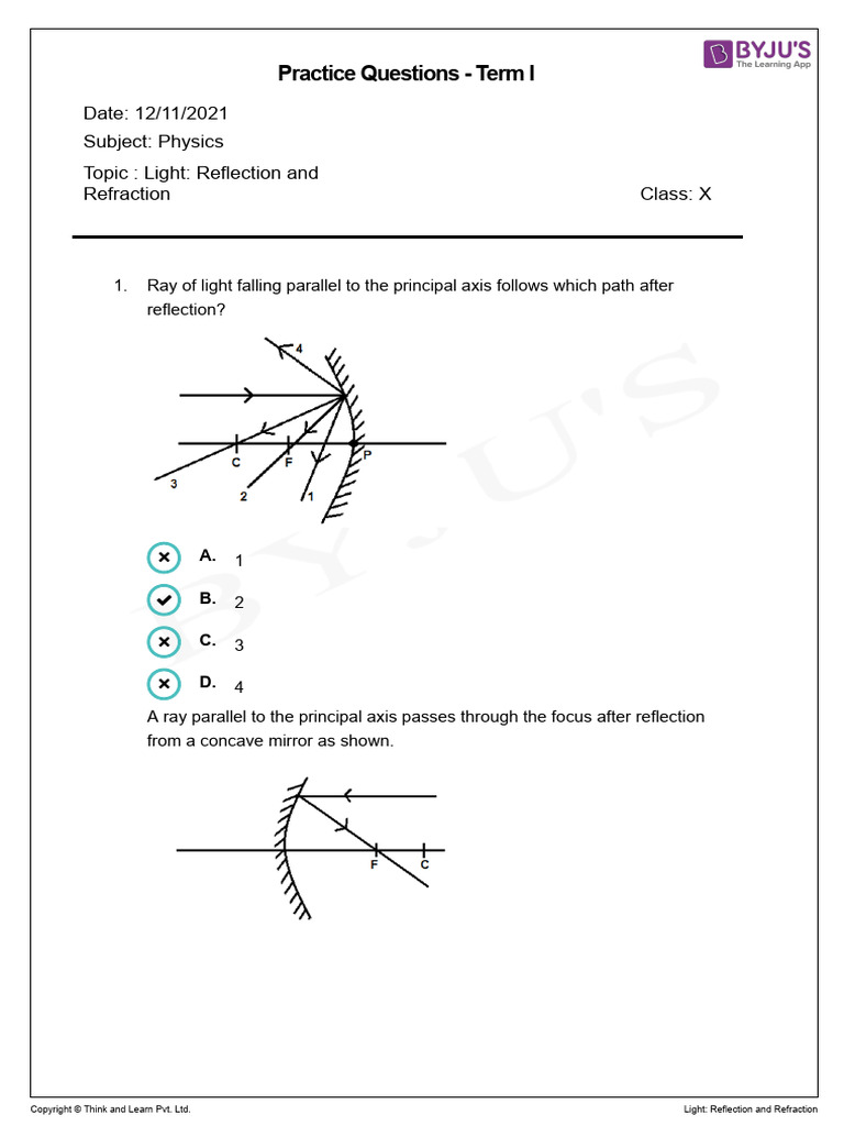 CBSE Class 10 Light Reflection and Refraction MCQ Practice Solutions ...