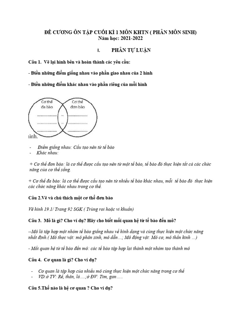 ĐỀ CƯƠNG ÔN TẬP KHTN (Sinh) | PDF