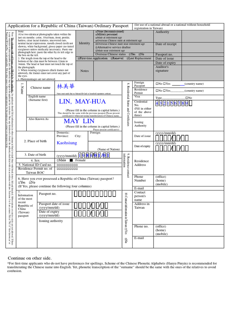 English Sample Taiwan Passport Application Form | PDF | Passport ...