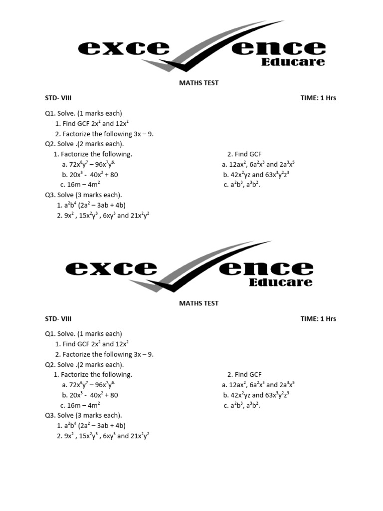 8th Cbse Factorization MATHS TEST | PDF