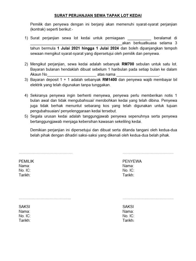 SURAT PERJANJIAN SEWA LOT KEDAI Upload | PDF