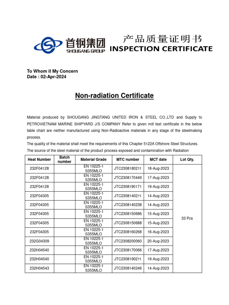 Non Radiation Certificate For Jacket - Signed | PDF | Steel | Secondary ...