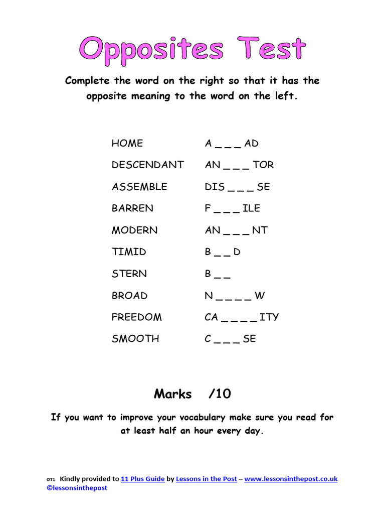 Opposites Test 11 | PDF