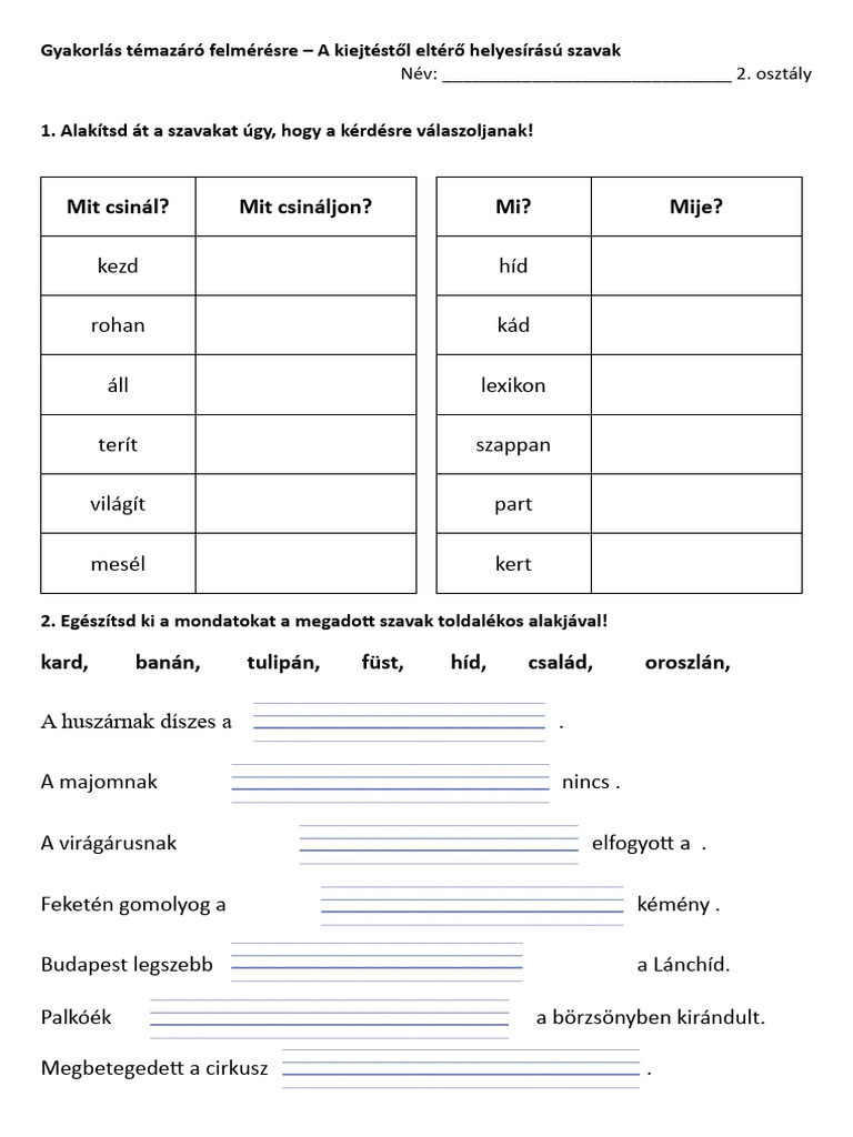 Nyelvtan Témazáró Felmérés - A Kiejtéstől Eltérő Helyesírású Szavak A, B, Diff. Csoport És ...
