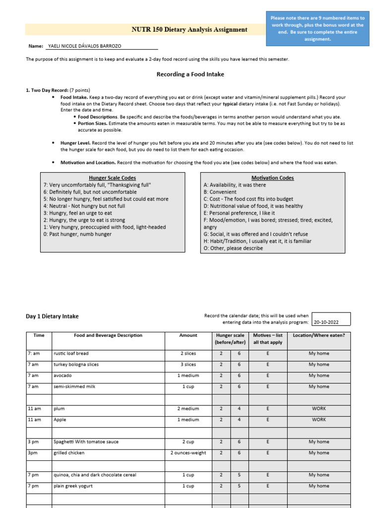 2-Day Food Intake Analysis Assignment | PDF | Nutrients | Calorie