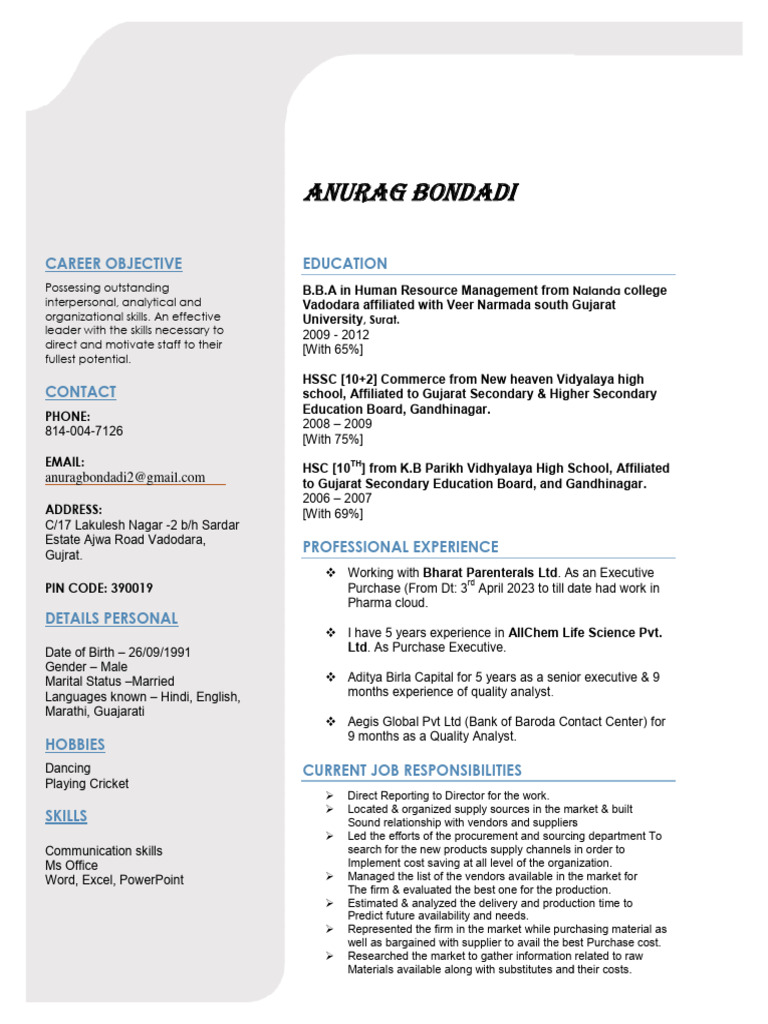 Anurag Resume New (1) (1) (1) - 1 | PDF | Gujarat | Business