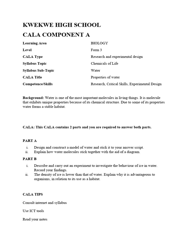 Biology - CALA - Form 3 Component A | PDF | Water | Properties Of Water