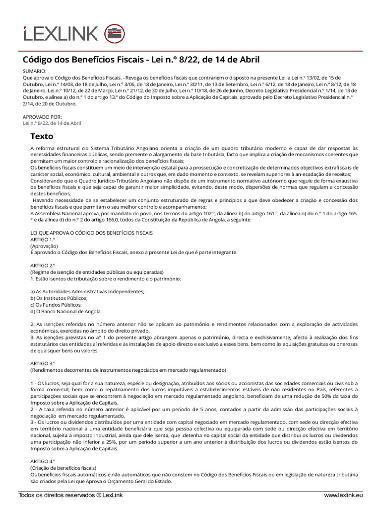 Código dos Benefícios Fiscais - Lei 8/22 | PDF | Impostos | Investimentos