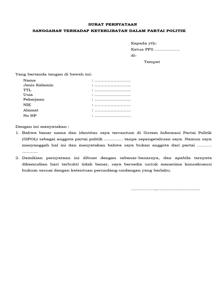 Surat Pernyataan Sanggahan Partai Politik | PDF | Politik