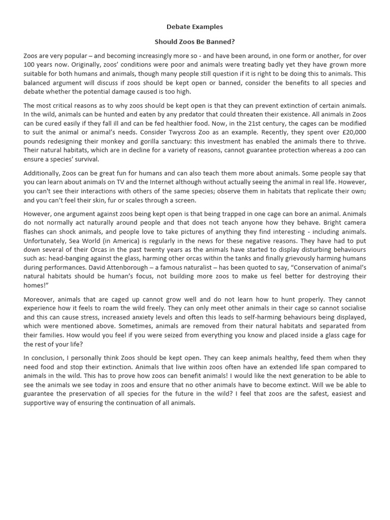 Debate Examples To Help You Get Started - PDF Sample | PDF | Zoo | Zoology