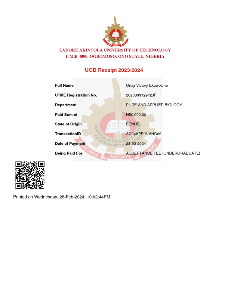 LAUTECH 2023/24 Acceptance Fee Receipt | PDF