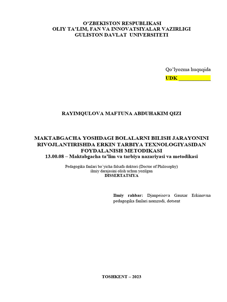 Dissertatsiya Maktabgacha Yoshdagi Bolalarni Bilish Jarayonida Erkin | PDF