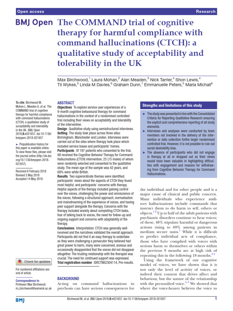 Birchwood Et Al., (2018) Qualitative Study of COMMAND Trial | PDF ...