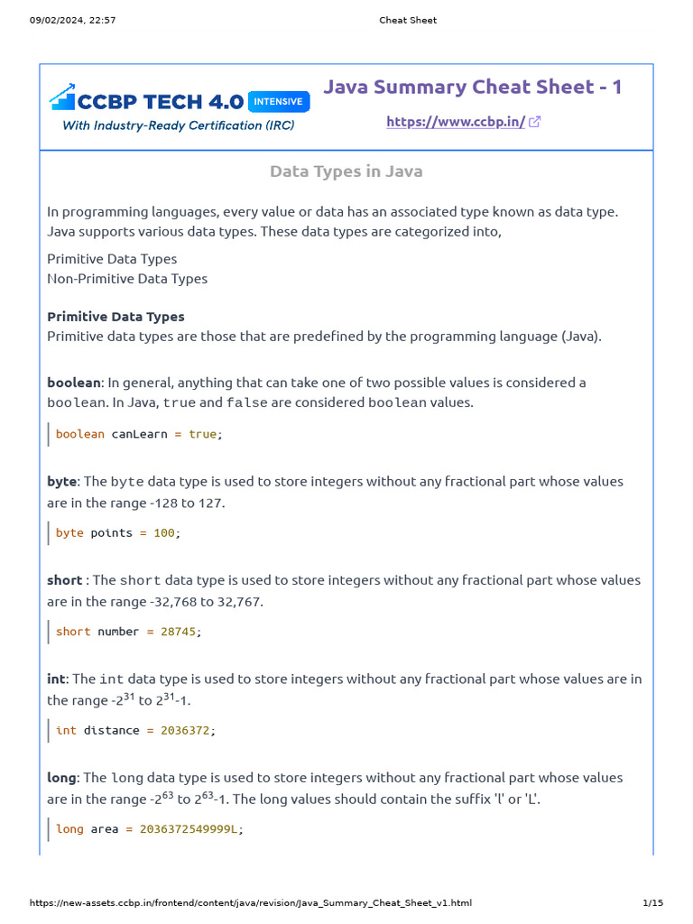 Java Cheat Sheet1 | Download Free PDF | Data Type | Boolean Data Type