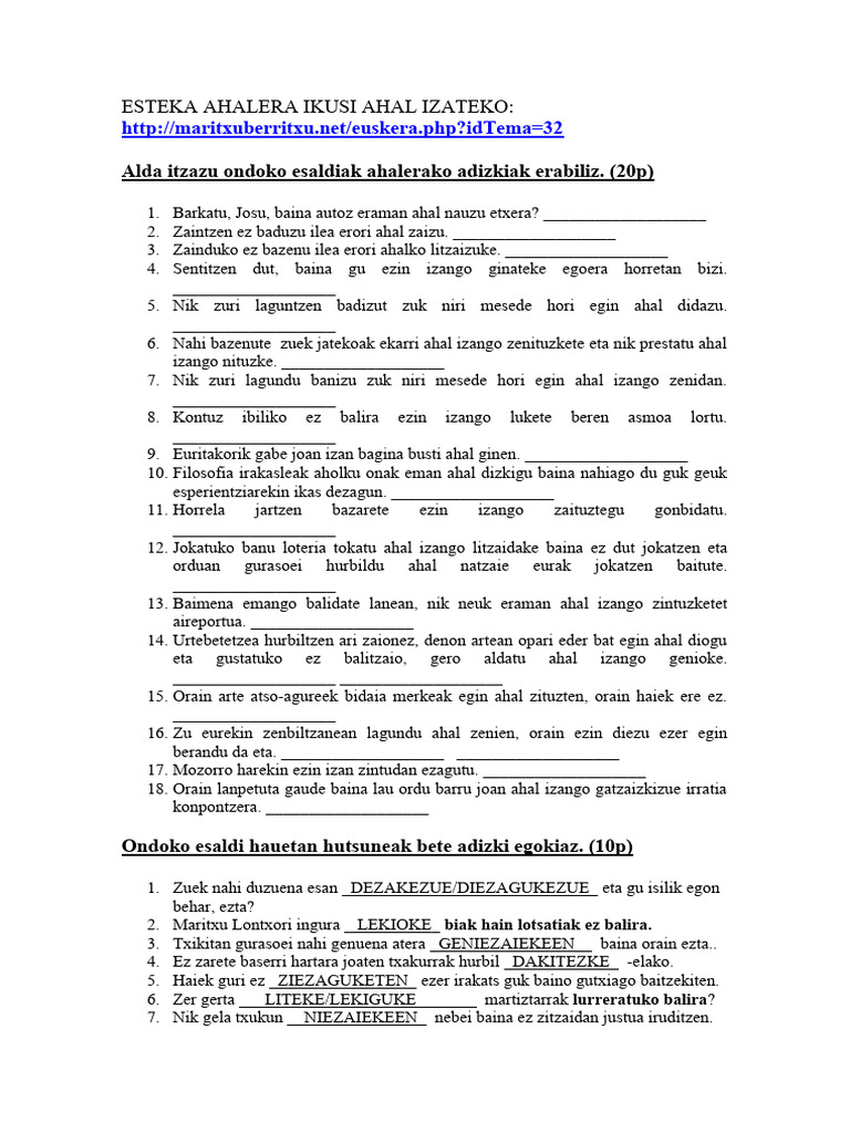 Ahalera (Azalpenak-Ariketak) | PDF