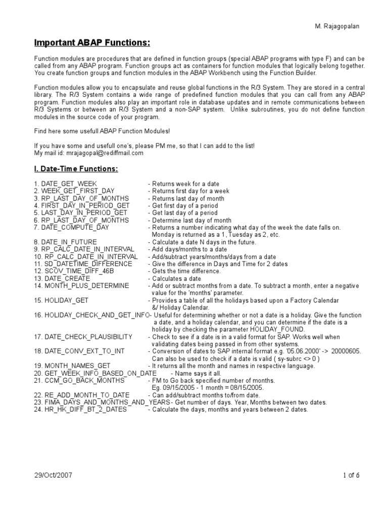 Important ABAP Functions - 29oct2007 | PDF | Subroutine | Dialog Box