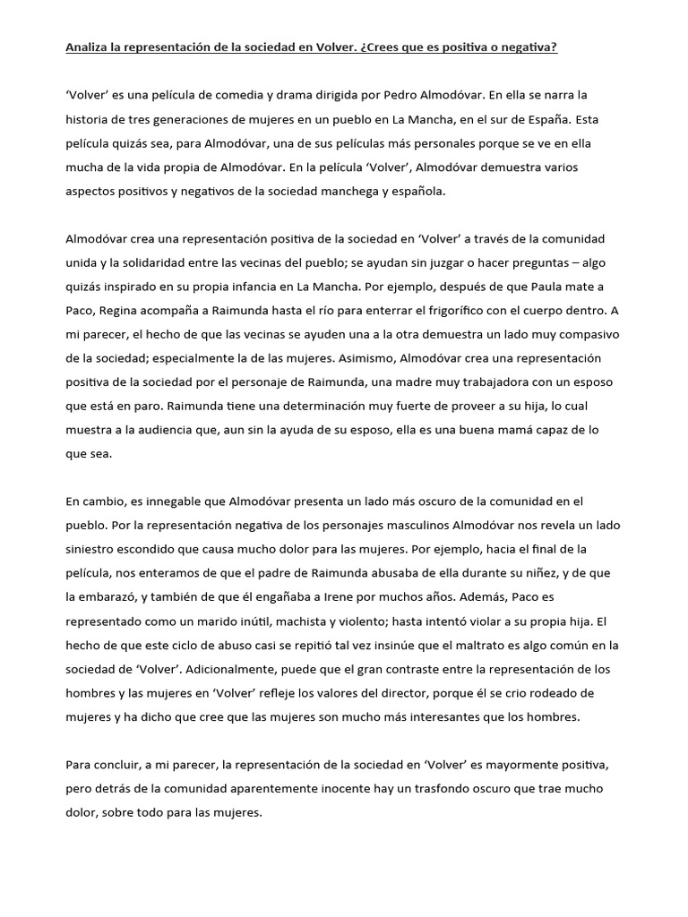 Example Spanish A-Level Essay: "Volver" de Almodovar (La Sociedad) | PDF