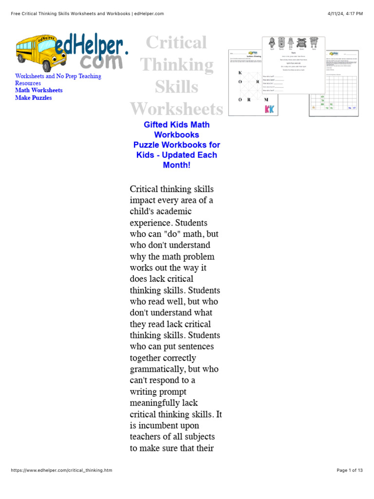 Free Critical Thinking Skills Worksheets and Workbooks - Edhelper | PDF ...