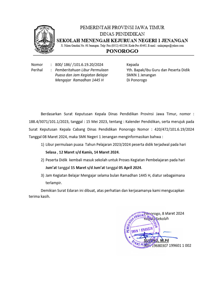 Surat Edaran Libur Awal Puasa Dan Jam KBM Ramadhan 1445 H | PDF