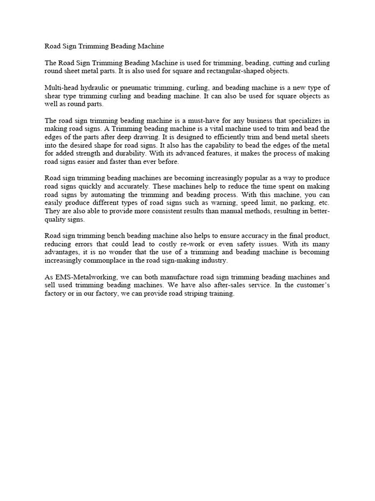 Road Sign Trimming Beading Machine | PDF