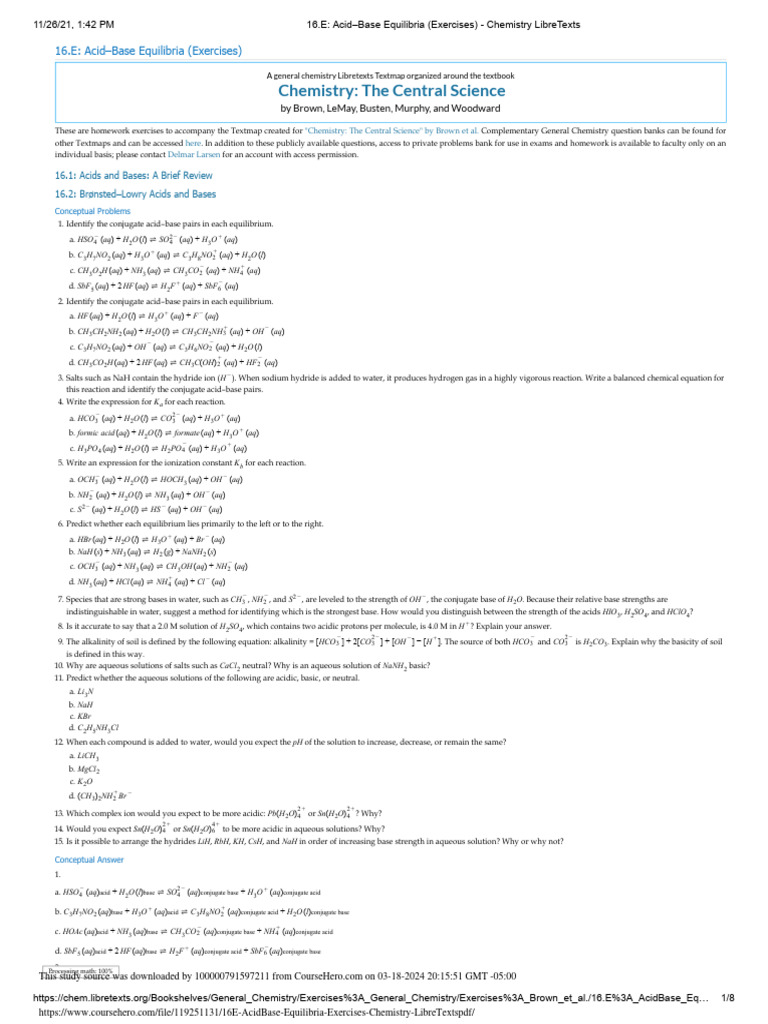 16.E Acid Base Equilibria Exercises Chemistry LibreTexts PDF | PDF ...