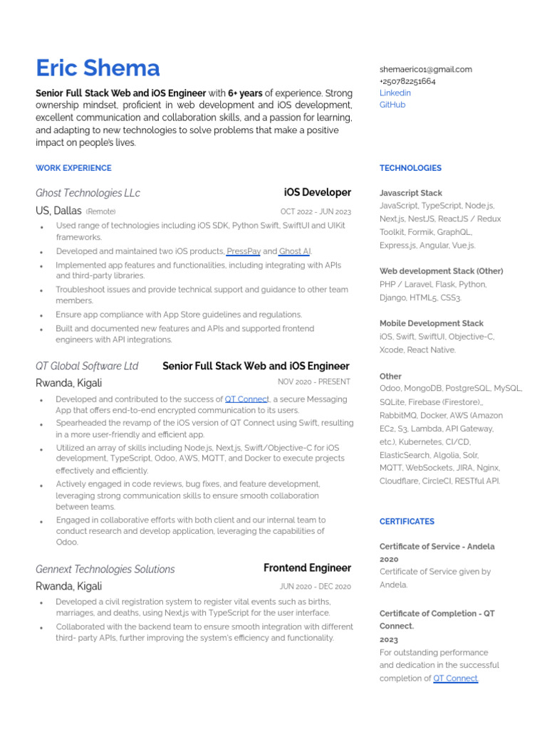 Shema - Resume | Download Free PDF | Ios | Swift (Programming Language)