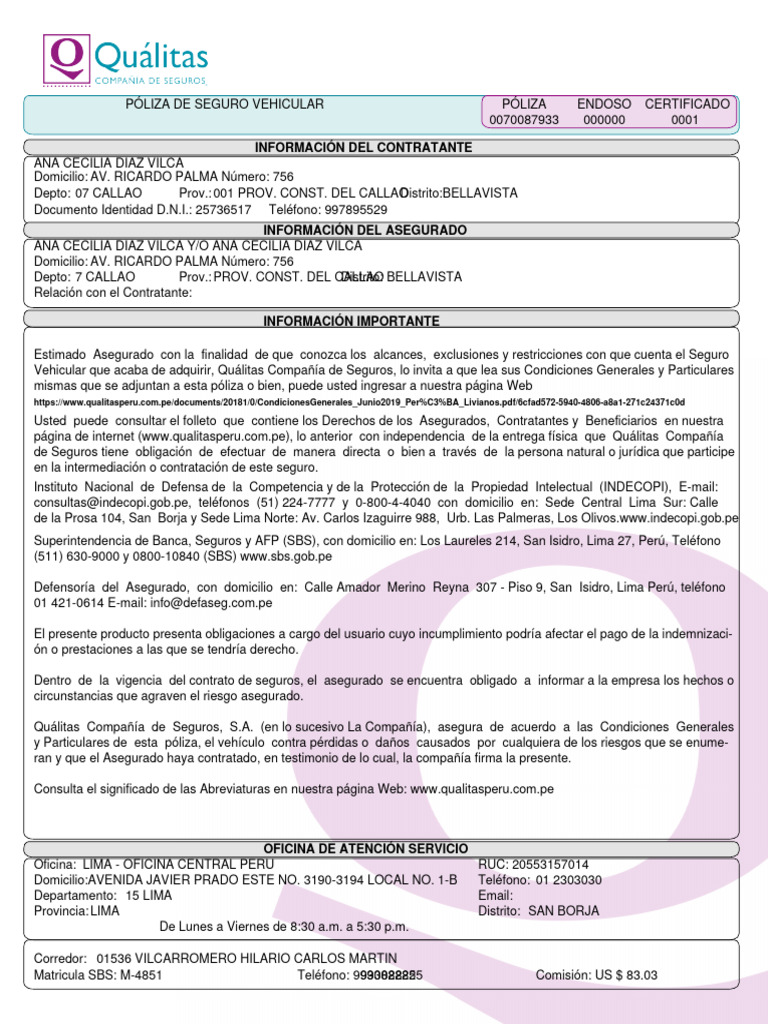 Qualitas - Diaz Vilca Ana Cecilia | PDF | Seguro | Póliza de seguros