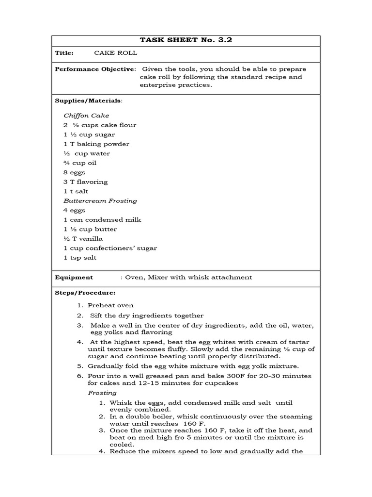 TASK SHEET No 3.21 Cake Roll | PDF | Cooking, Food & Wine