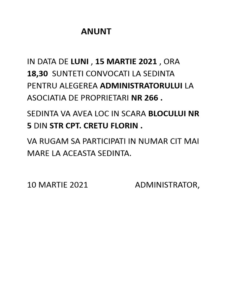 Anunt Sedinta | PDF