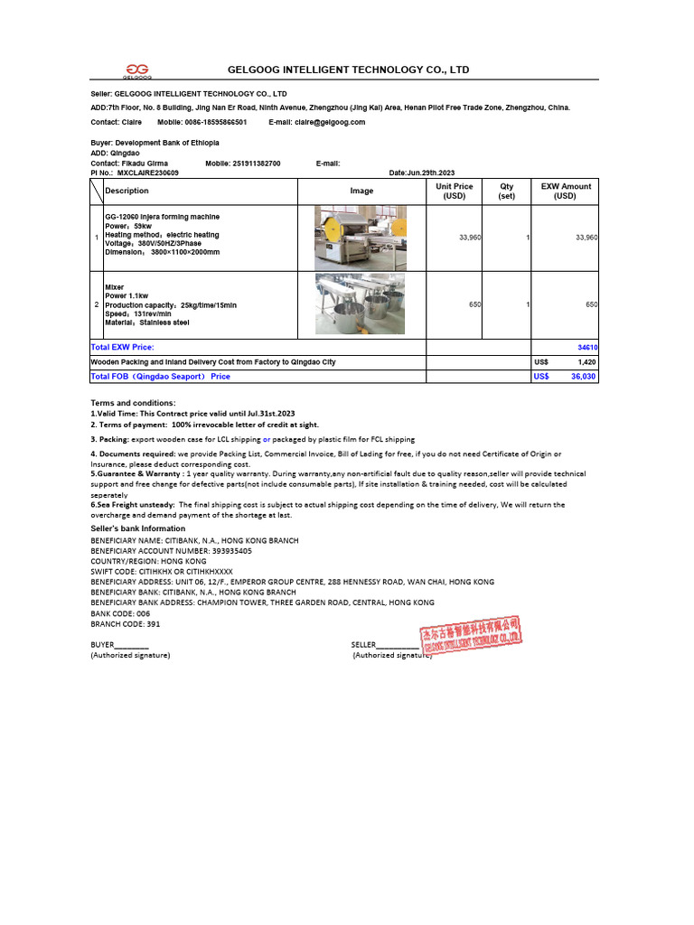 Update of FOB Proforma Invoice of GG 12060 Injera Forming Machine | PDF ...