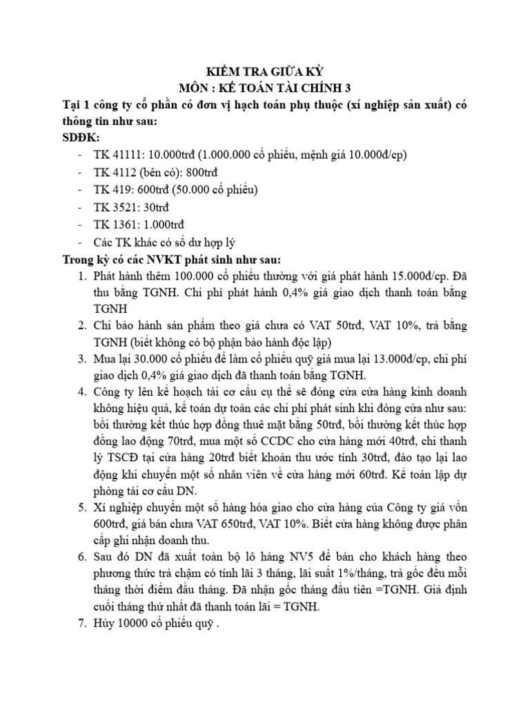 KIỂM TRA GIỮA KỲ KTTC 3 | PDF