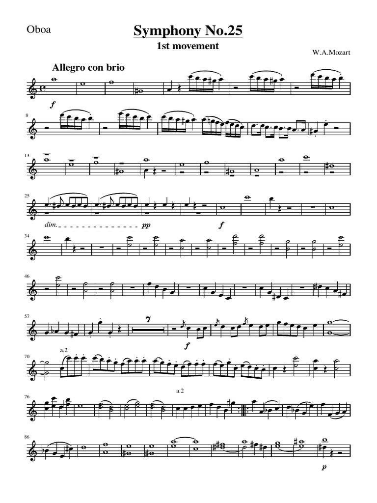 W.A.Mozart - Symphony No. 25 The Little G Minor Symphony - 1st Movement-Oboa | PDF
